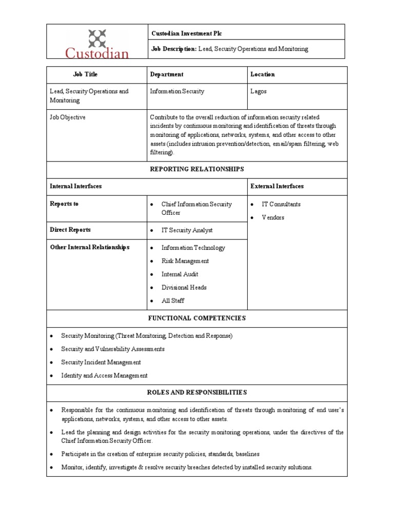 Lead - Security Operations and Monitoring JD | PDF | Security ...