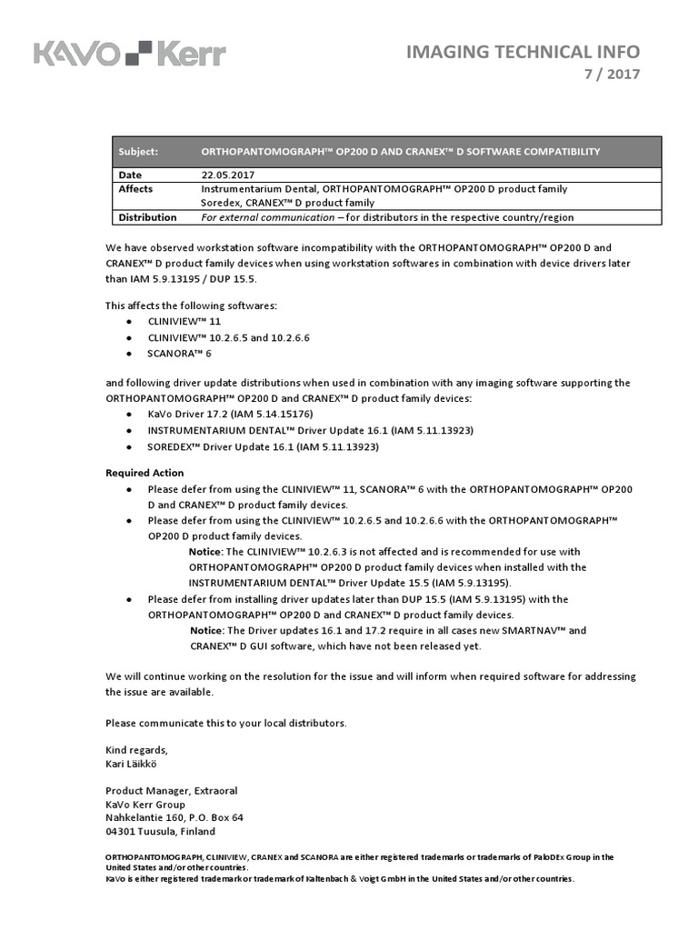 2017-07 KaVoKerr TechInfo OP200 D and CRANEX D SW Compatibiility | PDF ... 2017-07 KaVoKerr TechInfo OP200 D and CRANEX D SW Compatibiility | PDF ...