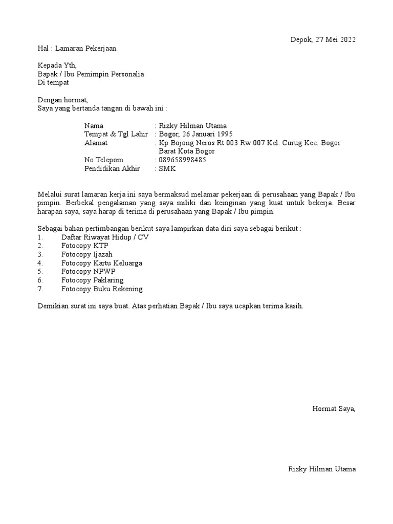 Surat Lamaran Rizky | PDF