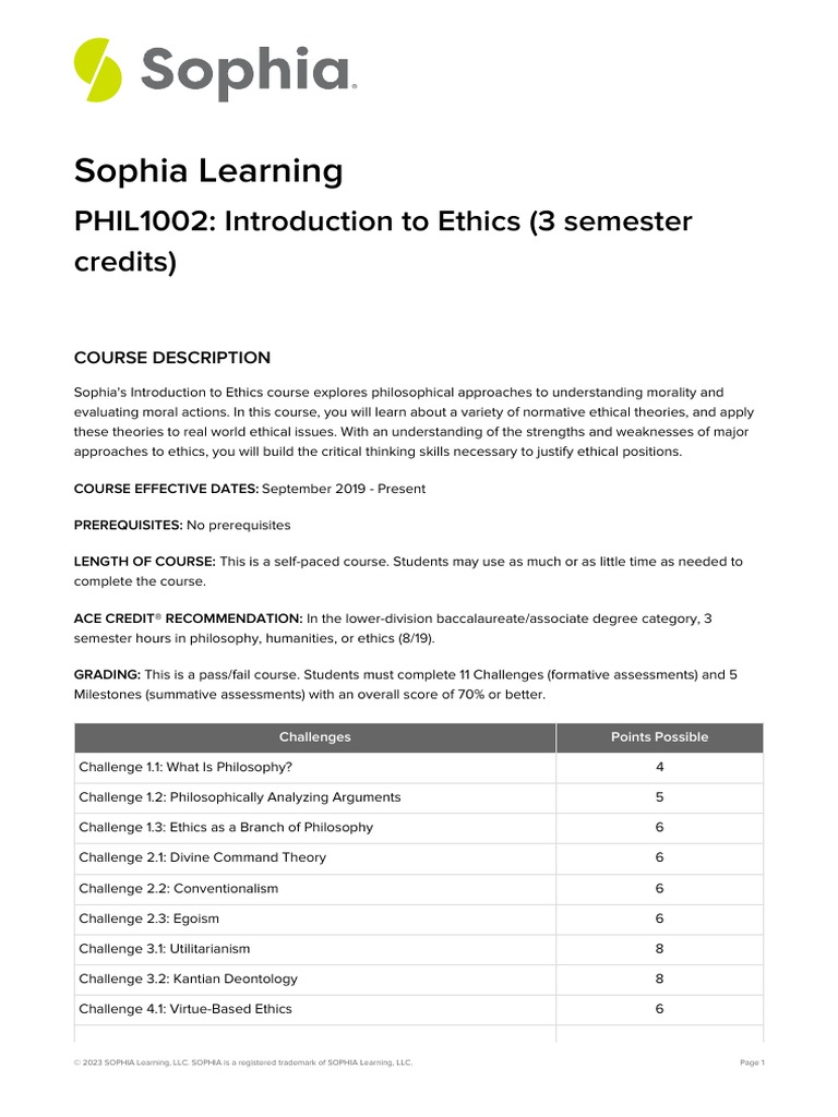 Sophia Introduction To Ethics Syllabus | PDF | Psychology | Ethical ...