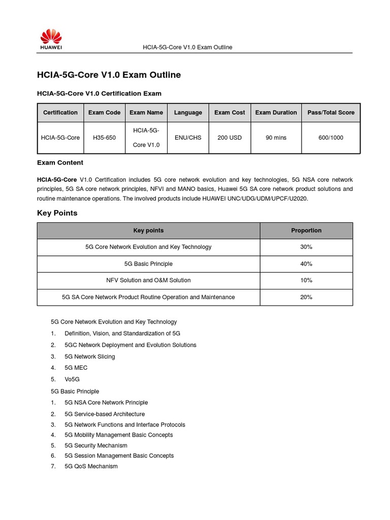 HCIA-5G-Core V1.0 Exam Outline | PDF | Computer Architecture | Computer Engineering