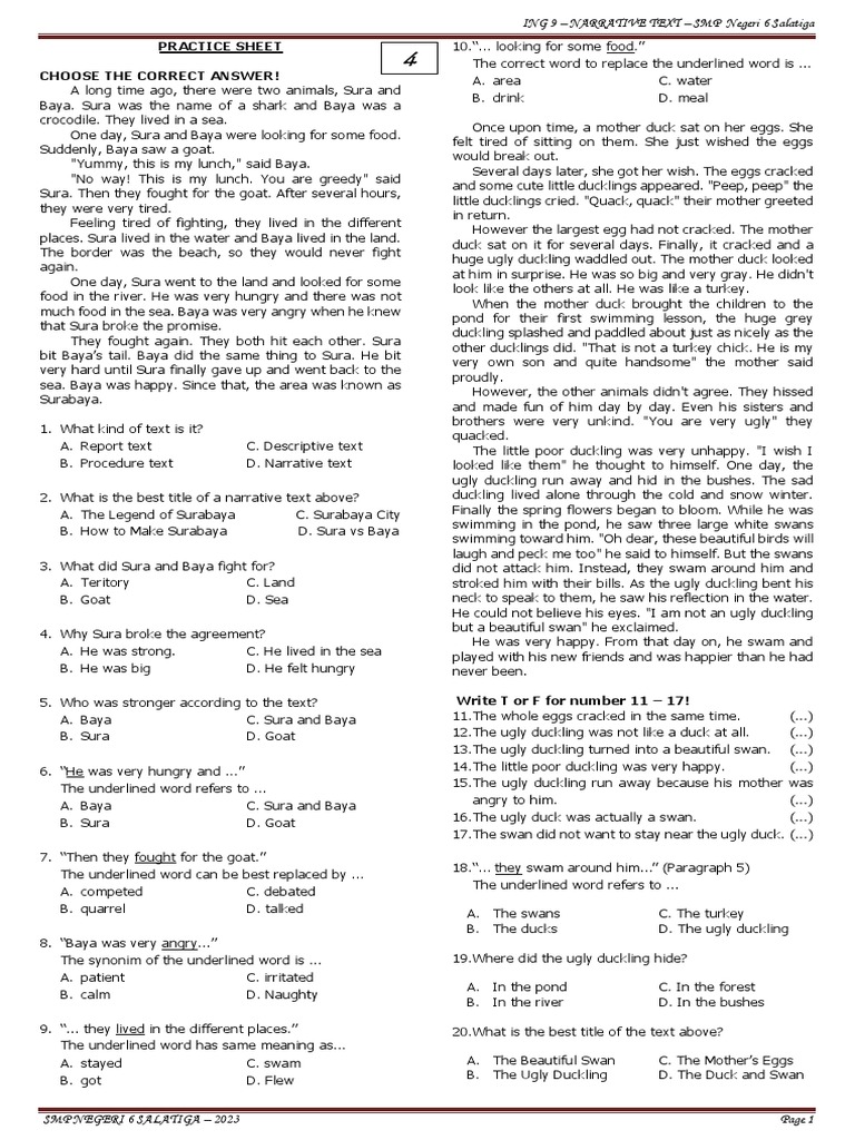Practice Sheet 4 - Narrative Text | PDF | Duck