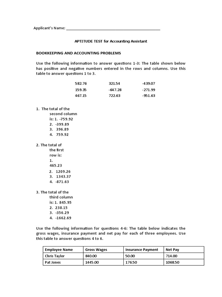 Aptitude Test For Accounting Assistant | PDF | Debits And Credits ...