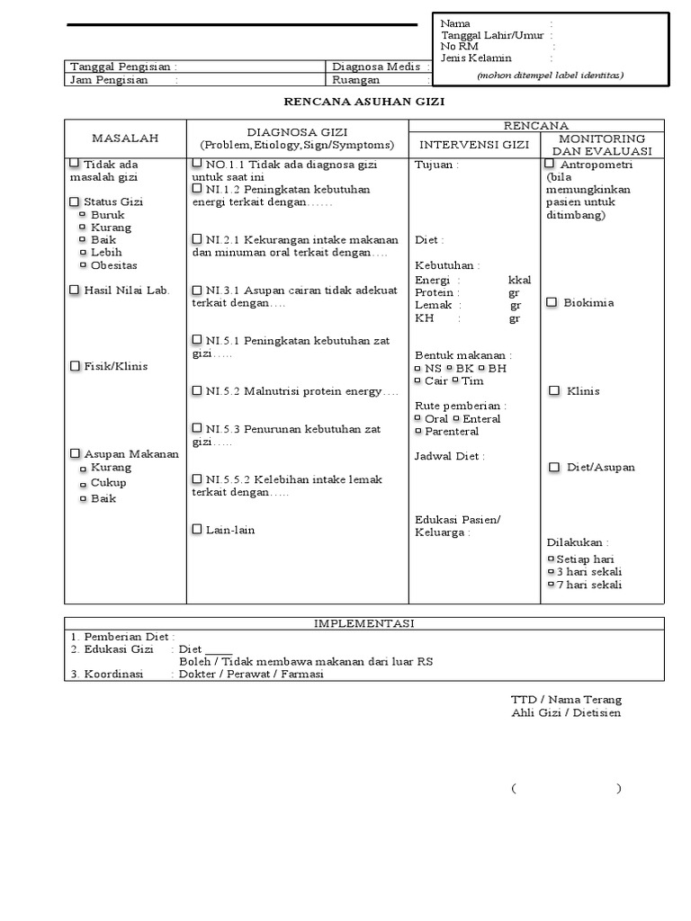 5.PP - Form Rencana Asuhan Gizi (Asembling) | PDF