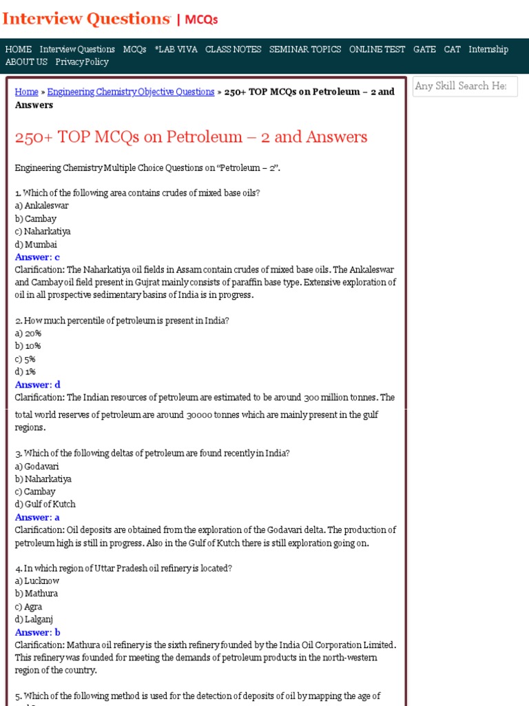 Petroleum MCQs and Answers Guide | PDF | Petroleum | Distillation