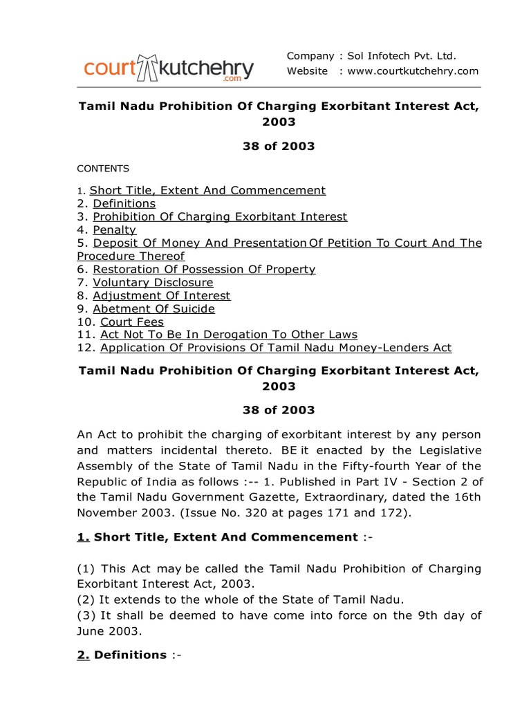 Tamil Nadu Prohibition of Charging Exorbitant Interest Act, 200 | PDF | Loans | Interest