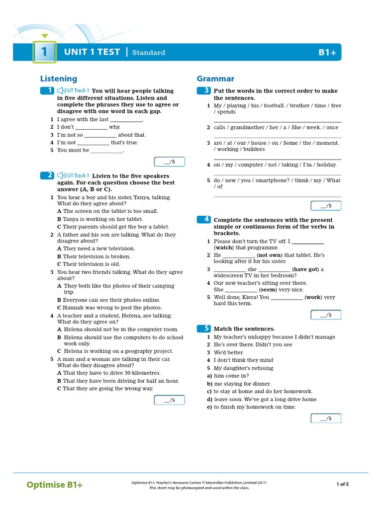 Unit 1 Test - B1+: Listening Grammar | PDF | News