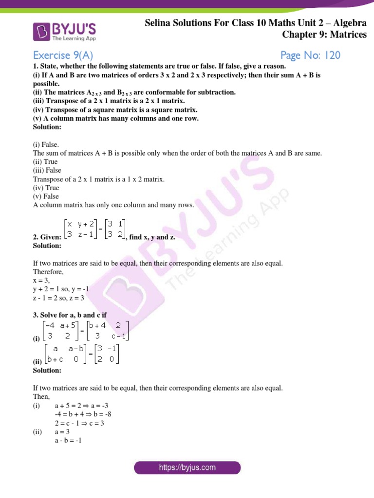 Solutions for Matrices Exercise from Selina Class 10 Maths Textbook ...