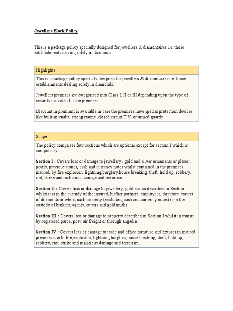Jewellers Block Policy | PDF | Jewellery | Insurance