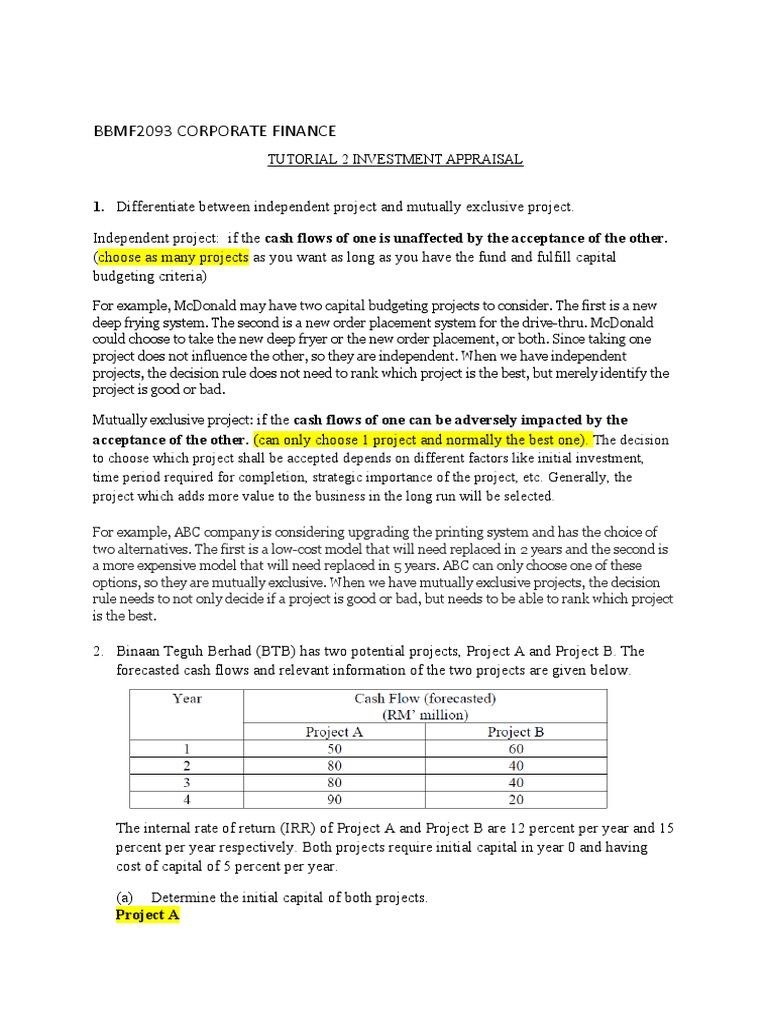 Bbmf2093 Corporate Finance: 1. Differentiate Between Independent ...