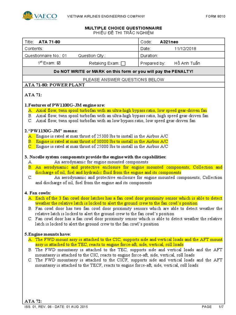 Ata 71-80: Power Plant ATA 71: 1.features of PW1100G-JM Engine Are ...