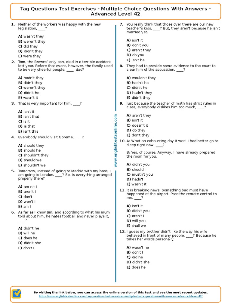 541 - Tag Questions Test Exercises Multiple Choice Questions With ...
