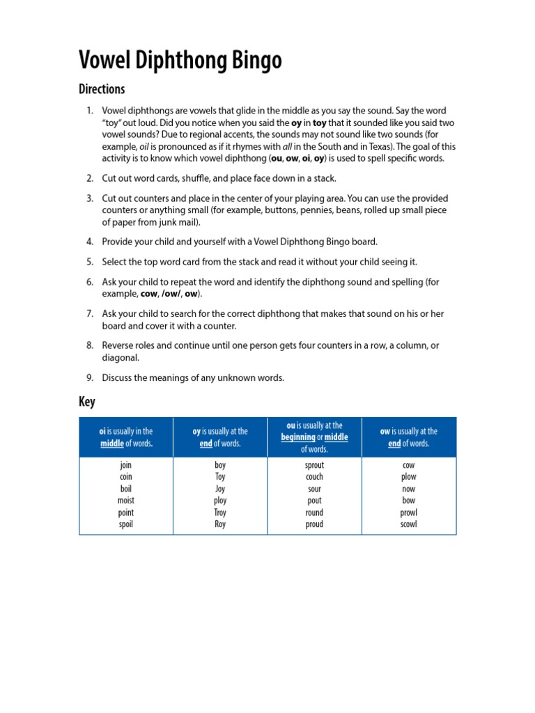 Vowel Diphthong Bingo Activity Guide | PDF | Vowel | Human Communication