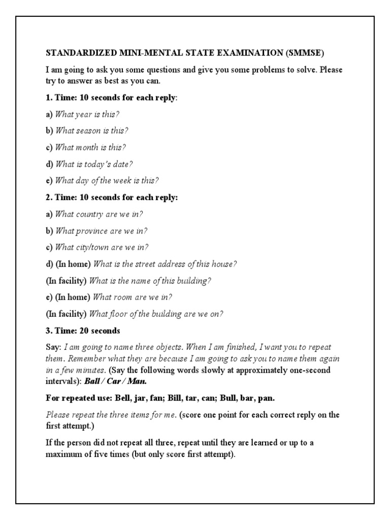 Standardized Mini-Mental State Exam (SMMSE | PDF | Cognition ...