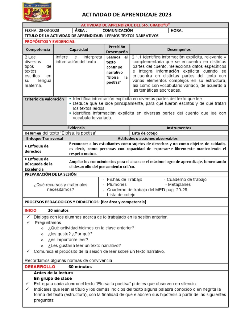 SESIÓN COMUNICACION Leemos Eloísa, La Poetisa | PDF | Aprendizaje ...