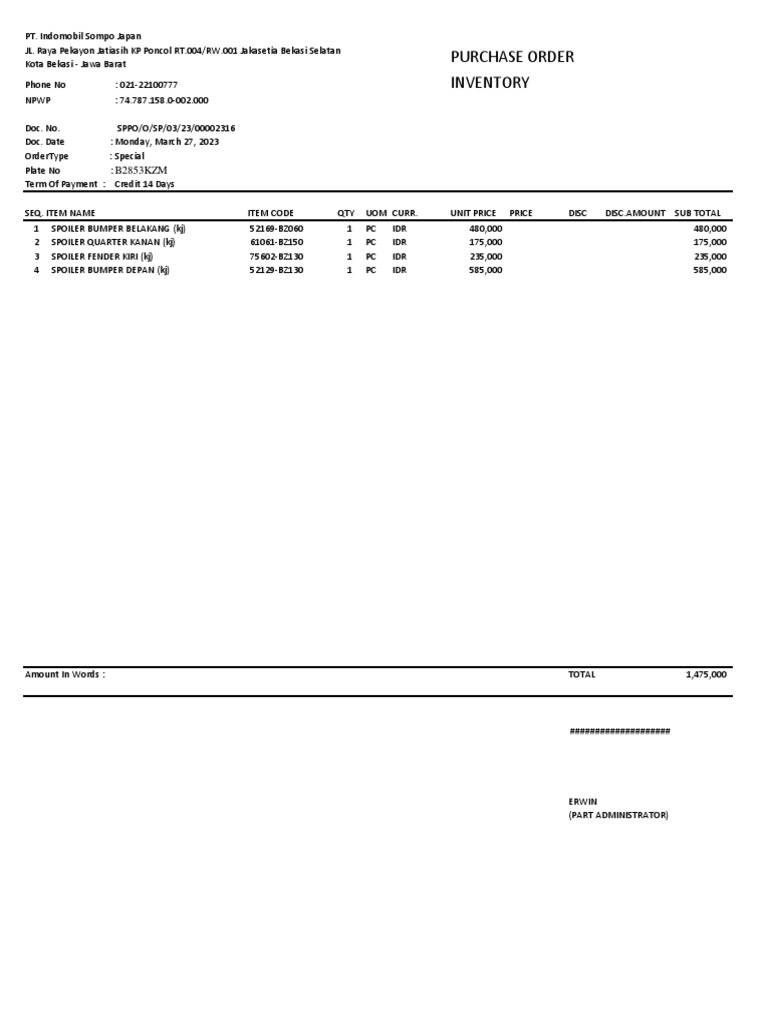Purchase Order Inventory: B2853KZM | PDF