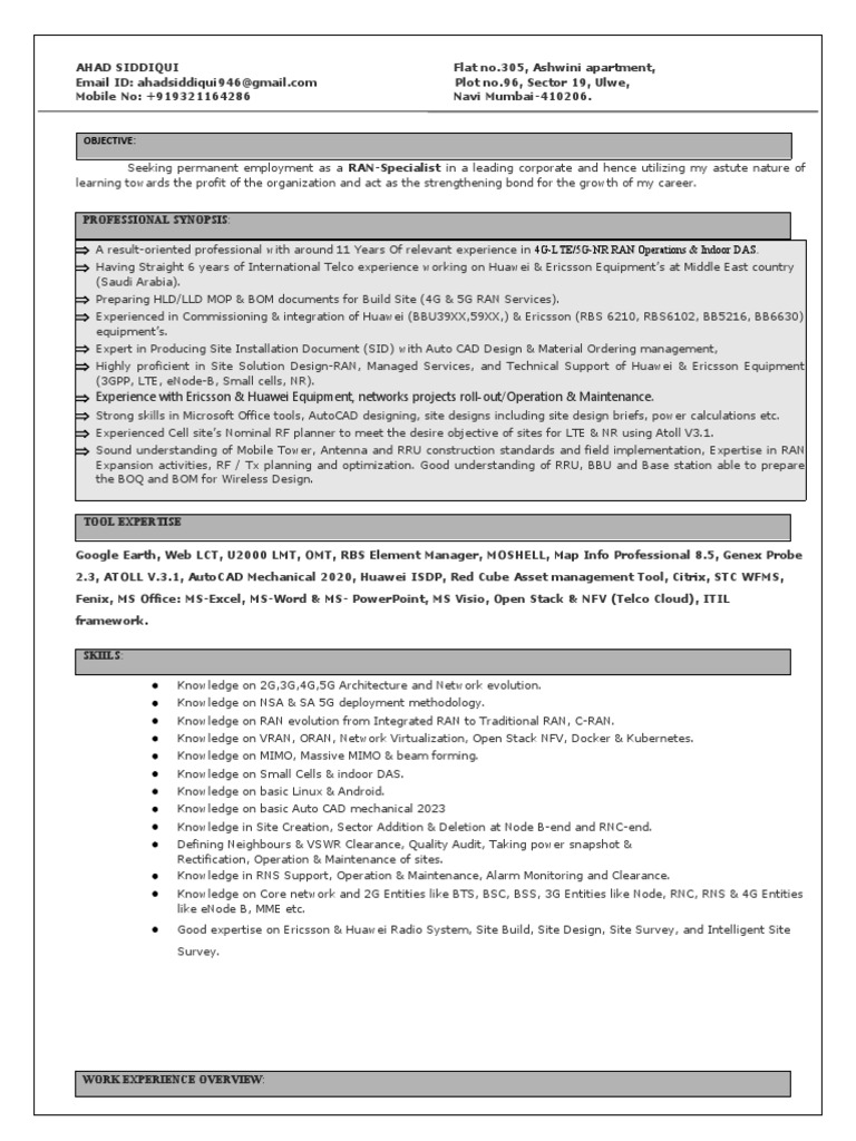 Telecom RAN Specialist Resume | PDF | Lte (Telecommunication) | Ericsson