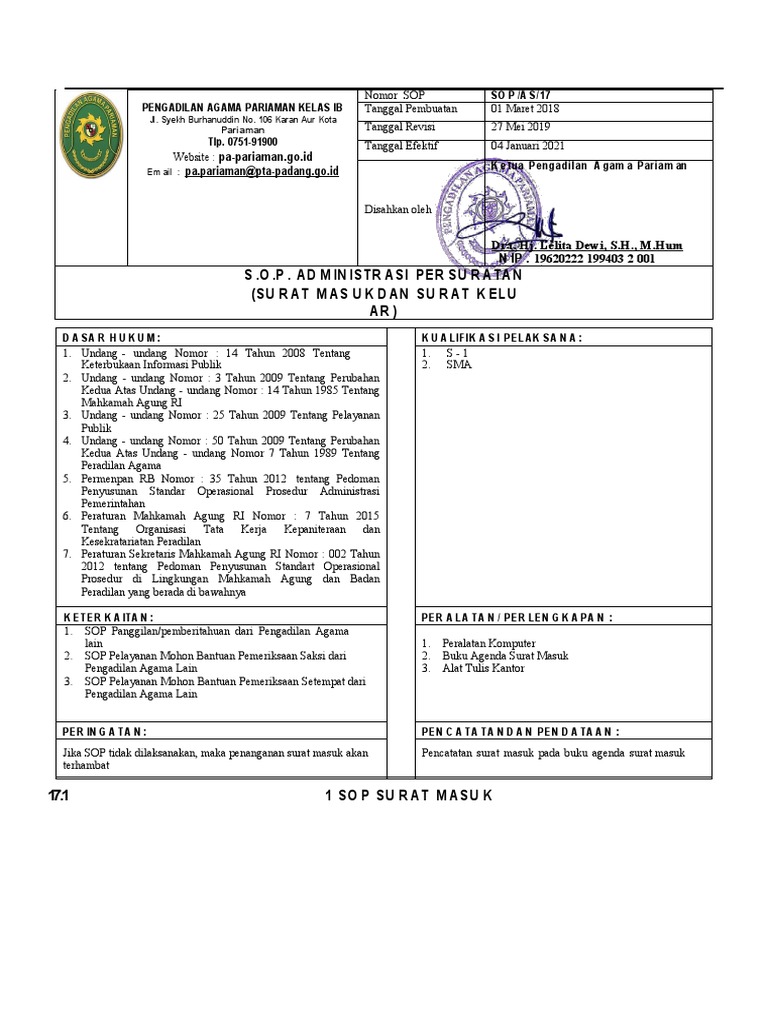 17. SOP ADMINISTRASI PERSURATAN (SURAT MASUK DAN SURAT KELUAR) | PDF