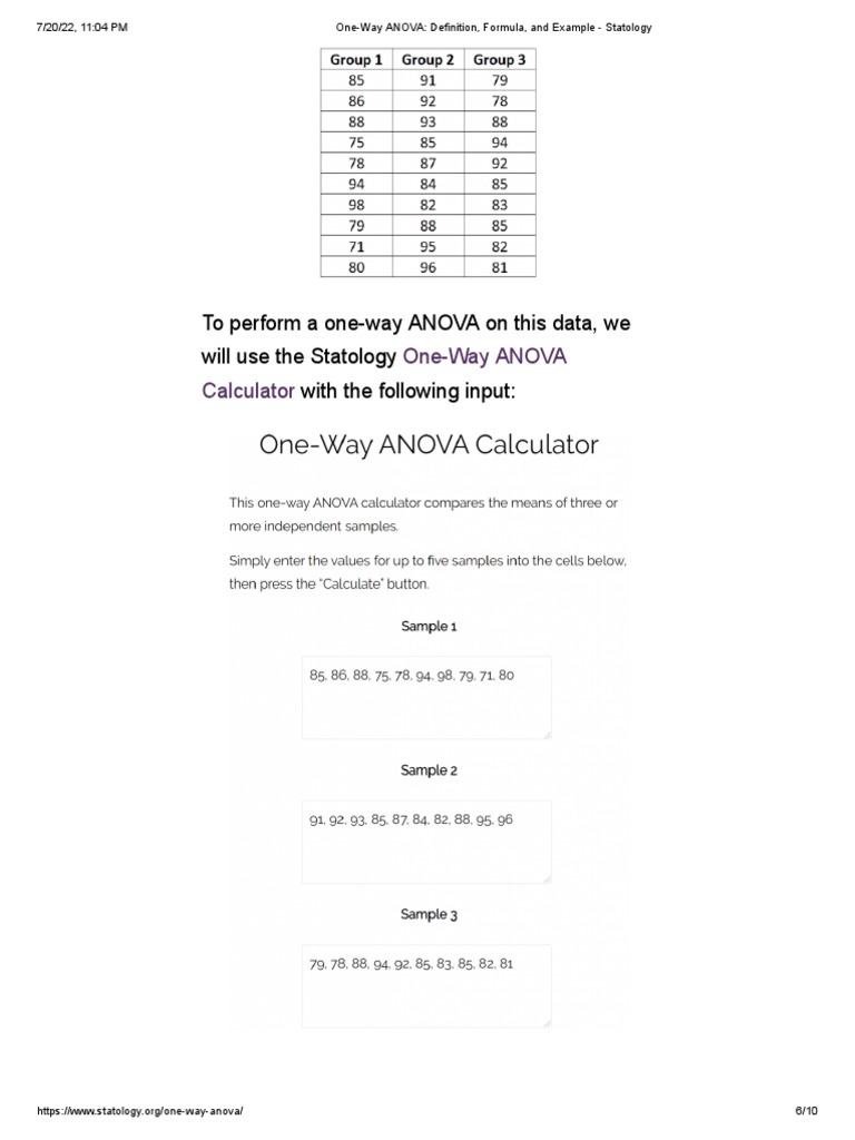 One-Way ANOVA - Definition, Formula, and Example - Statology | PDF