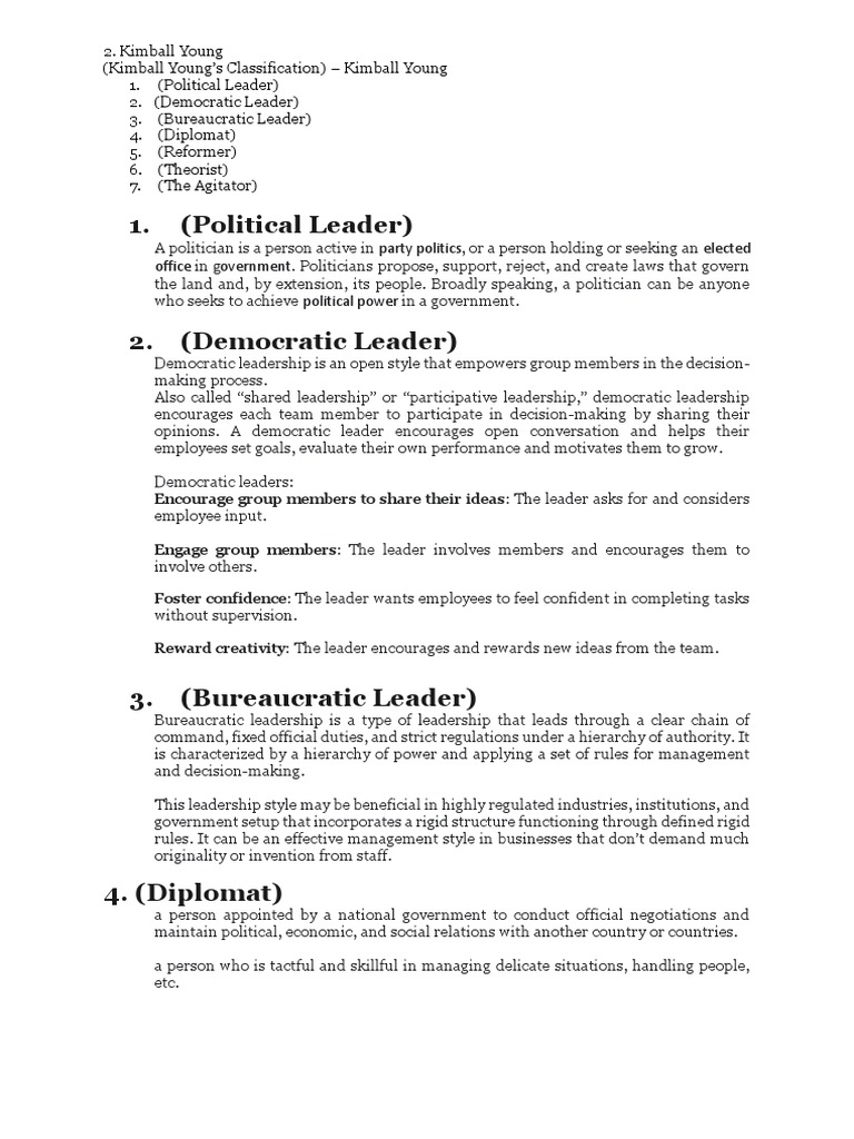 Types of Leaders As Per Kimball Young | PDF | Leadership | Diplomat