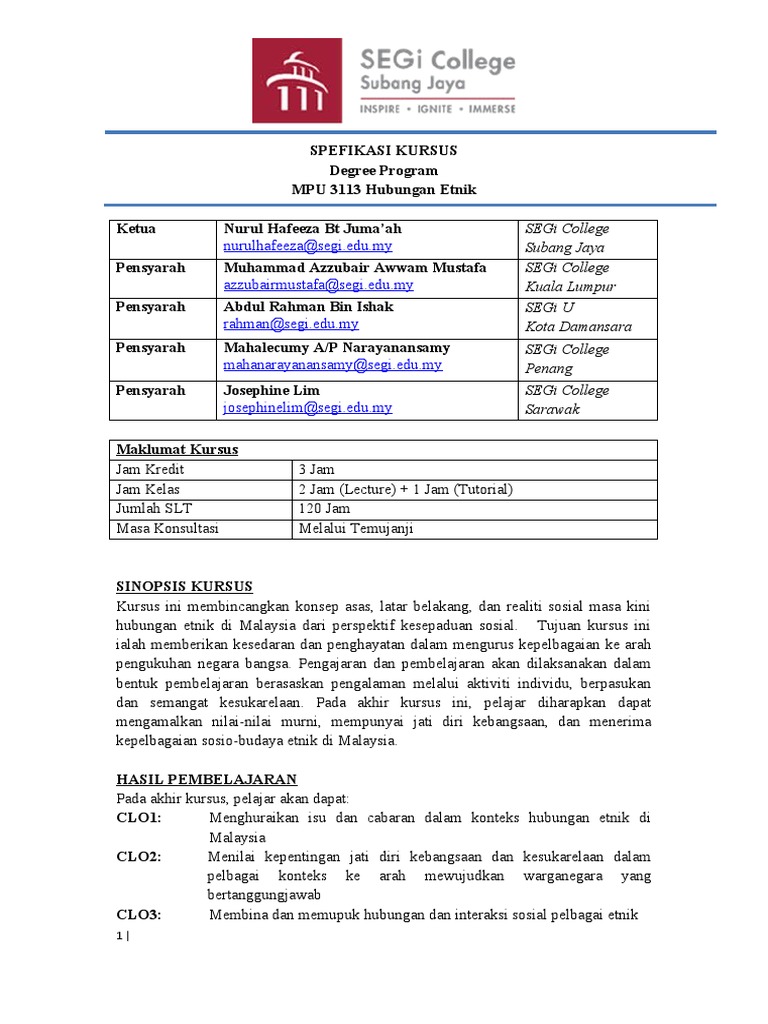 MPU3113 - Course Specification and Lesson Plan (PT) | PDF