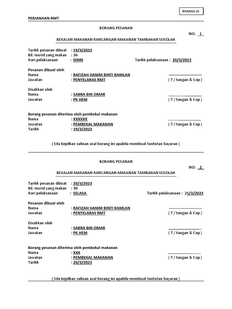 Pesanan Makanan RMT Sekolah 2023 | PDF