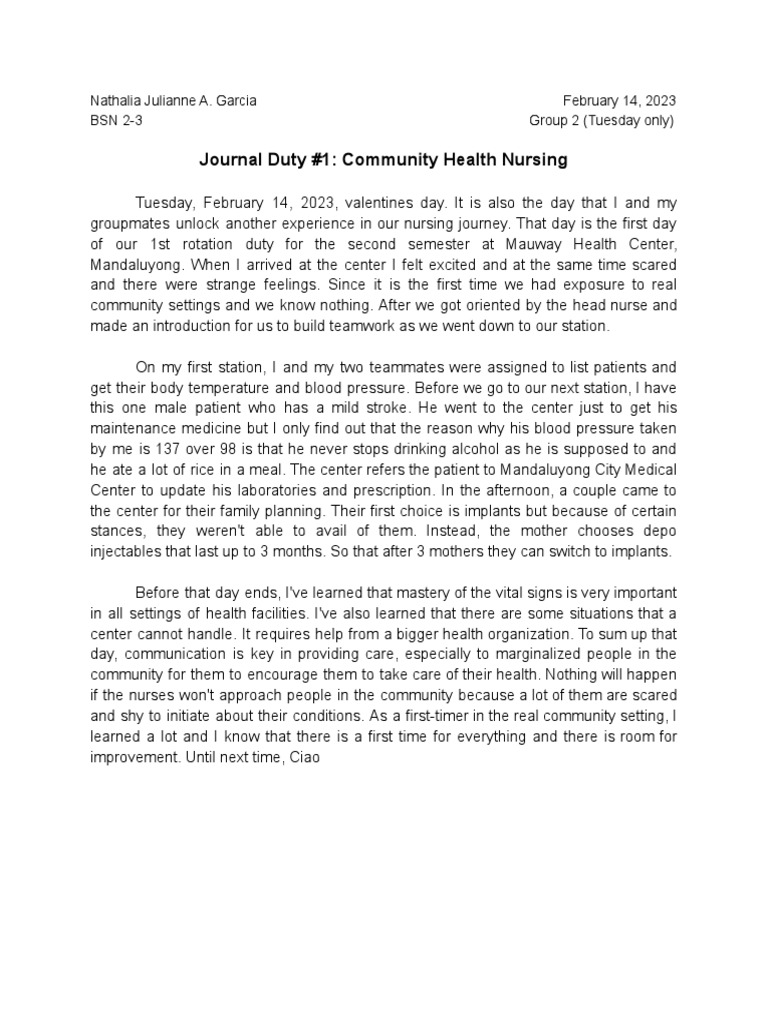 Journal Duty #1: Community Health Nursing | PDF