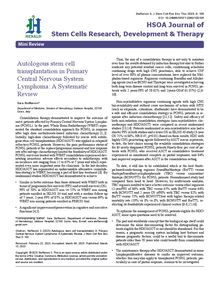 Autologous Stem Cell Transplantation in Primary Central Nervous System ... Autologous Stem Cell Transplantation in Primary Central Nervous System ...