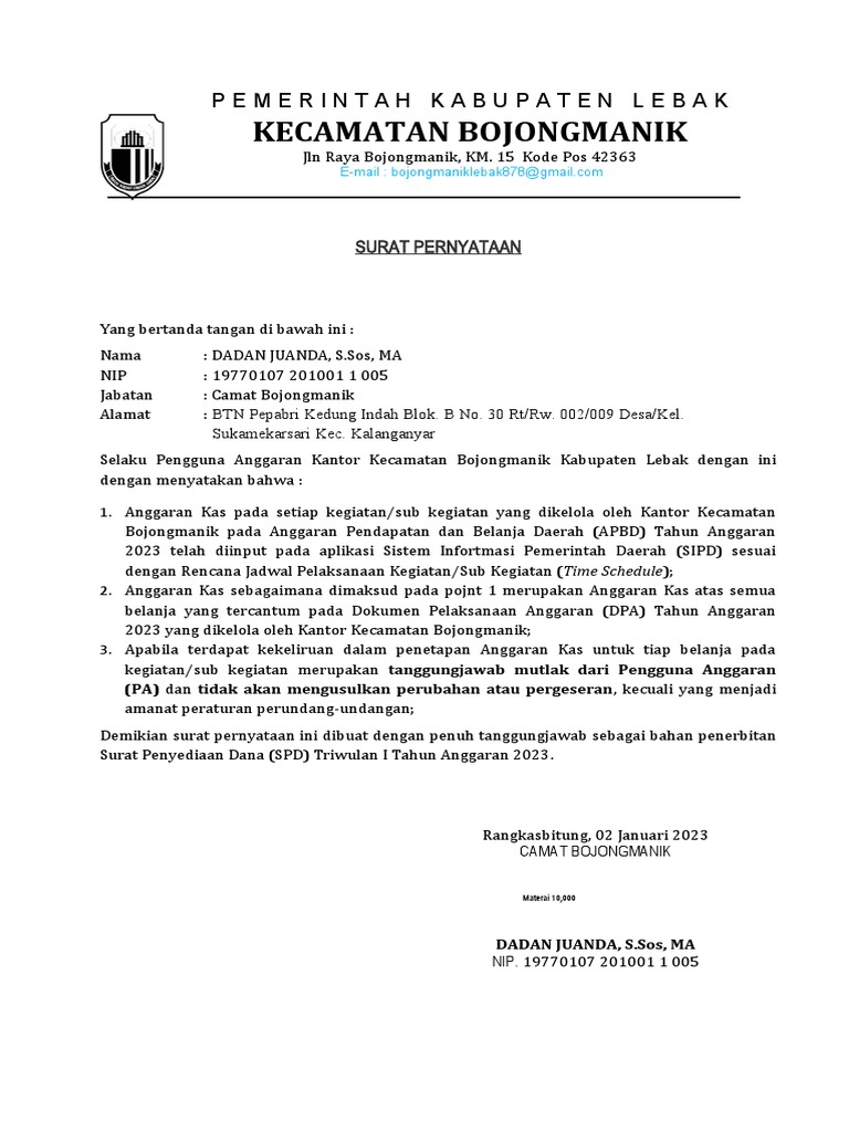 Surat Pernyataan Anggaran Kas 2023 | PDF