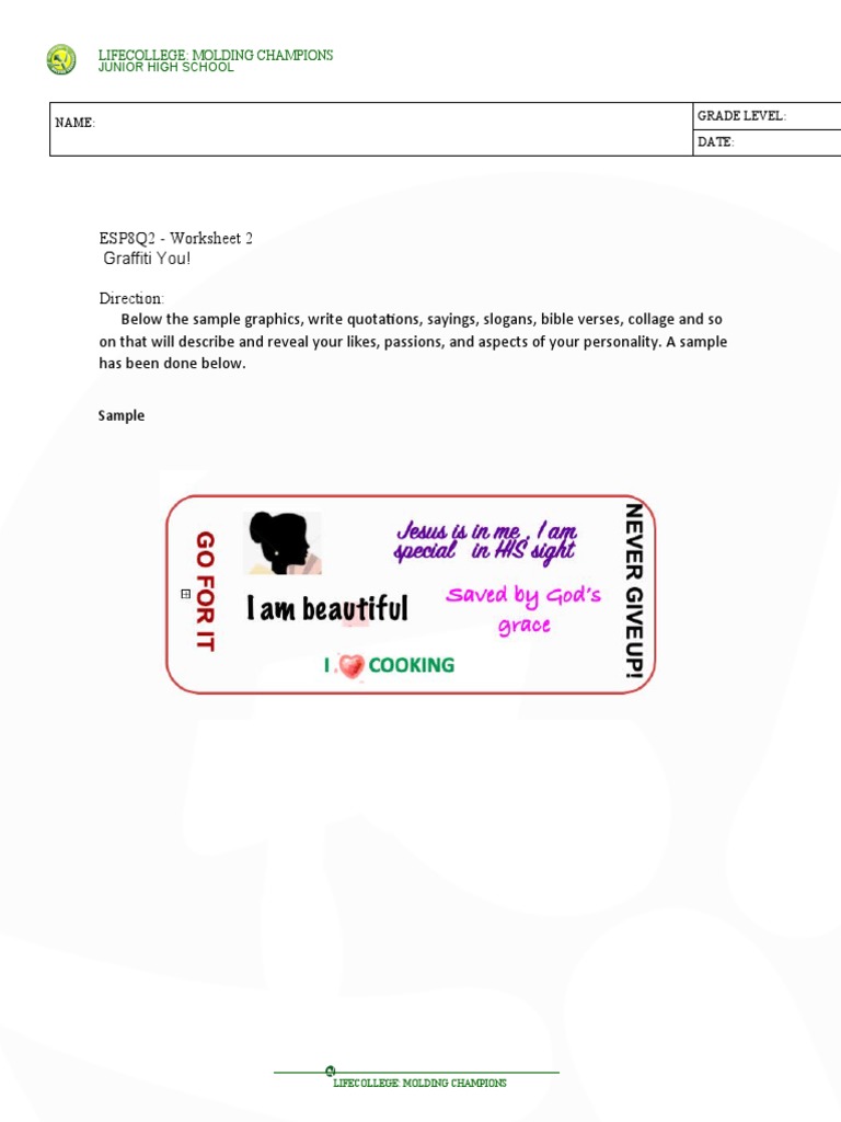 LifeCollege Junior High School Worksheet Encourages Self Expression | PDF