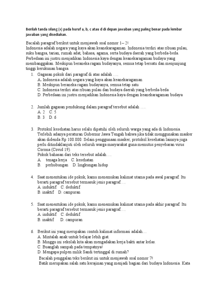Berilah Tanda Silang UTS Soal Bahasa Indonesia Kels 4 | PDF