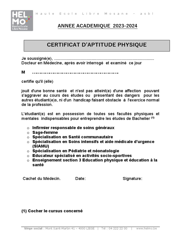 Certificat Aptitude Physique 2023 2024 | PDF | Bien-être