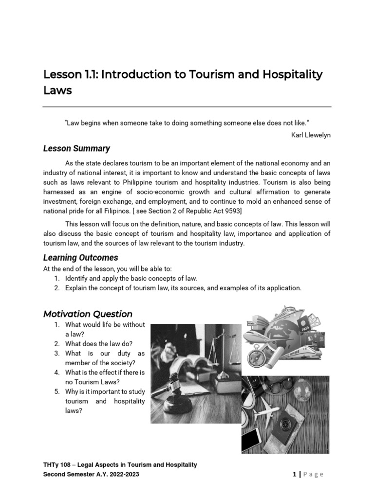 Lesson 1.1: Introduction To Tourism and Hospitality Laws | PDF