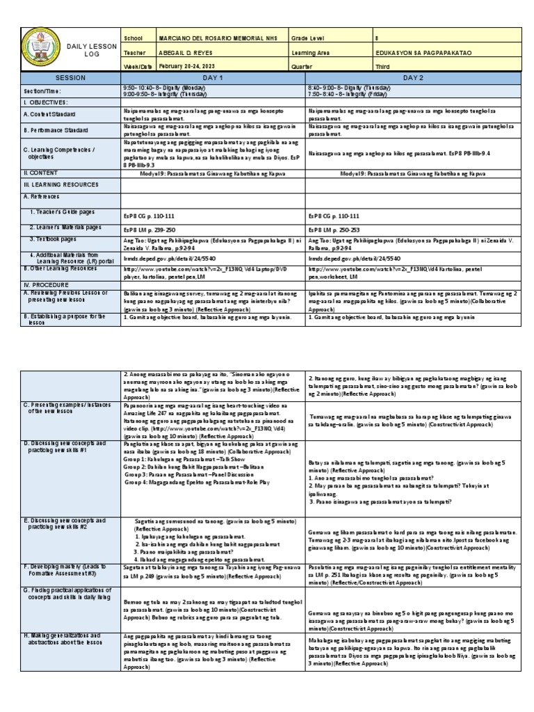 DLL-TEMPLATE-EsP-week-2 3rd Quarter | PDF