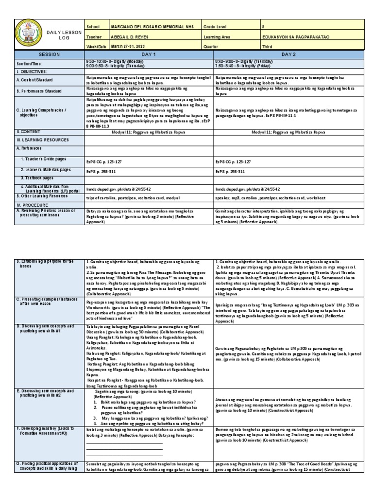 DLL-TEMPLATE-EsP-week-6 3rd Quarter | PDF