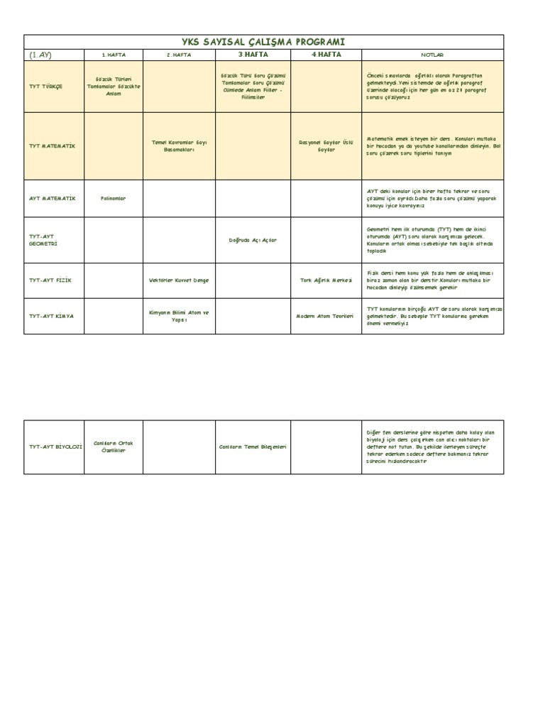 Yks Sayisal Çalişma Programi: (1.AY) 3.hafta 4.hafta | PDF