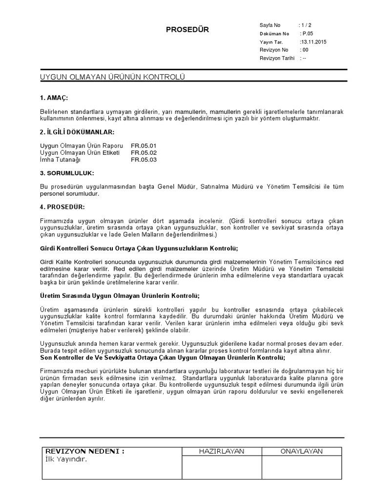 Iso 22000 Uygun Olmayan Urun Proseduru | PDF