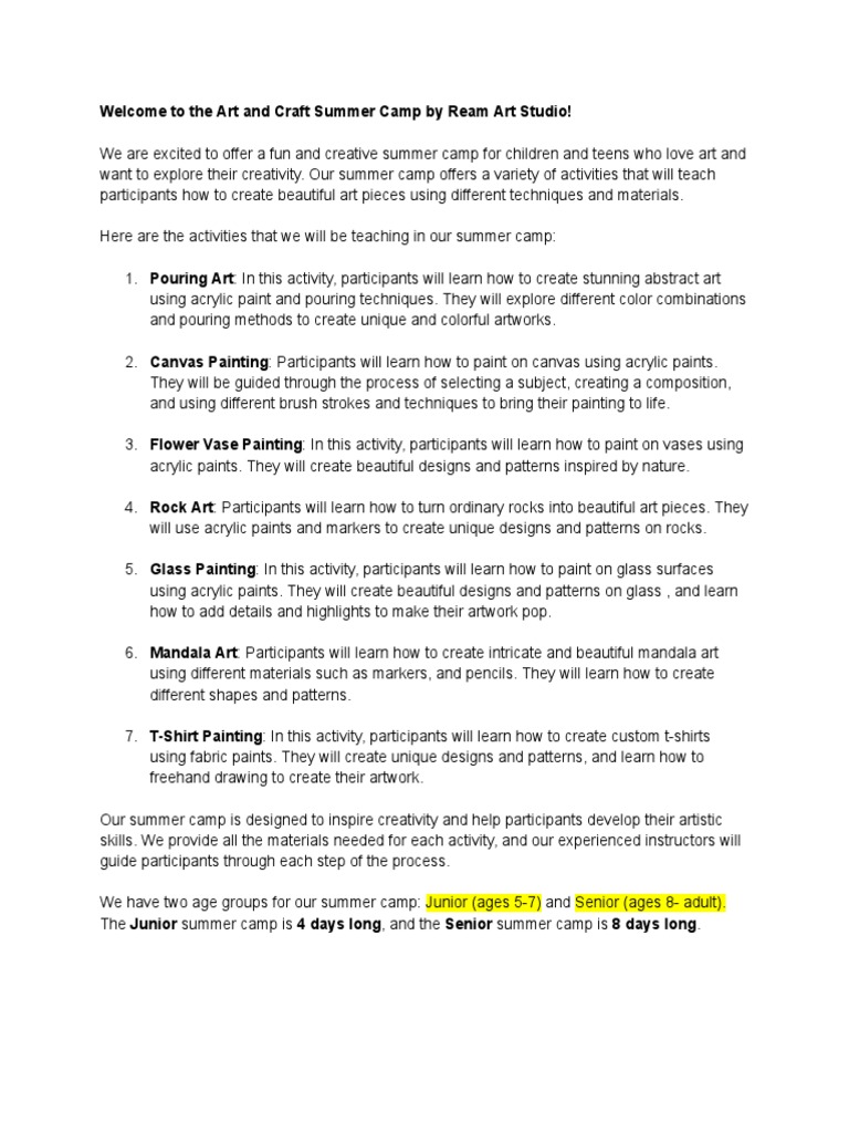 Exploring Creativity Through Art: An Overview of Activities, Schedule ...