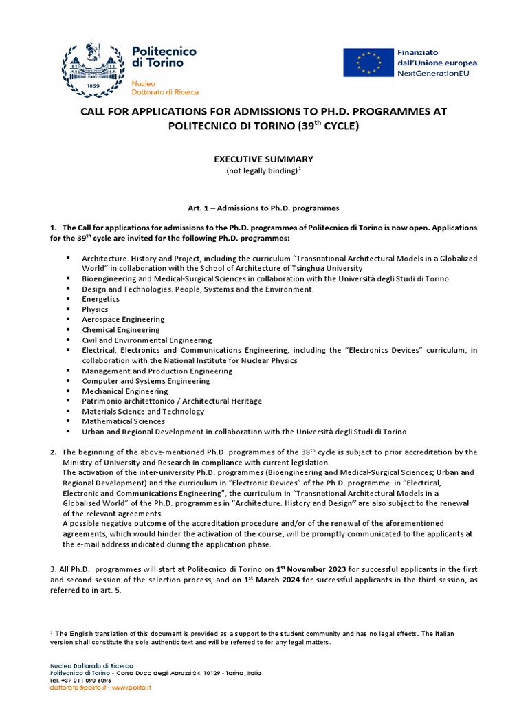Bando Di Concorso 39 Ciclo - ENG - Definitivo | PDF | Academic Degree ...