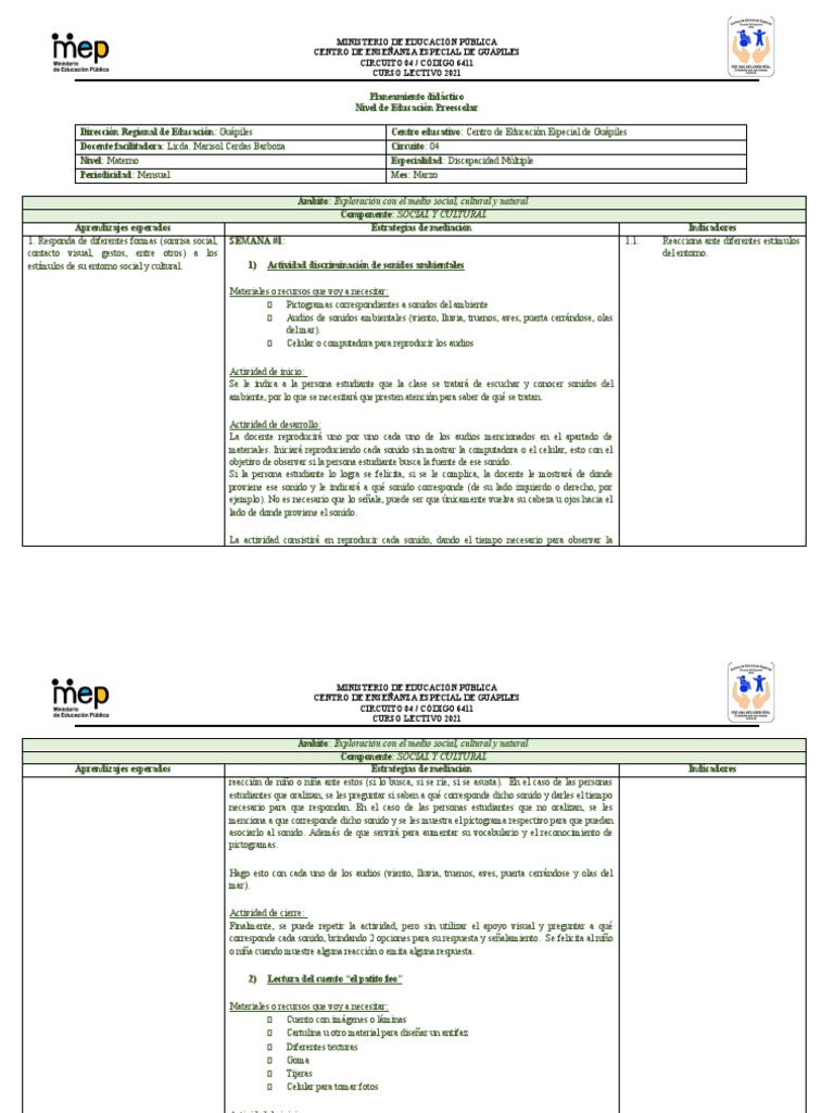 Plan Mensual - Social y Cultural - Materno - DM Marisol | PDF | Enseñando | Salón de clases