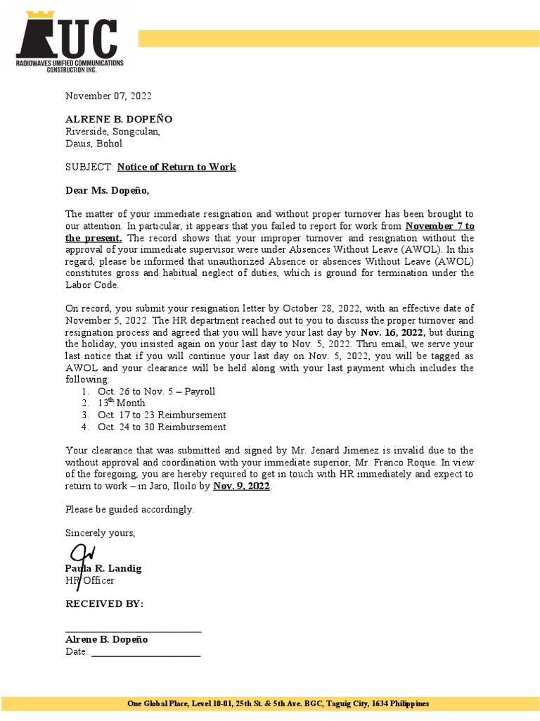 RETURN TO WORK Notice | PDF