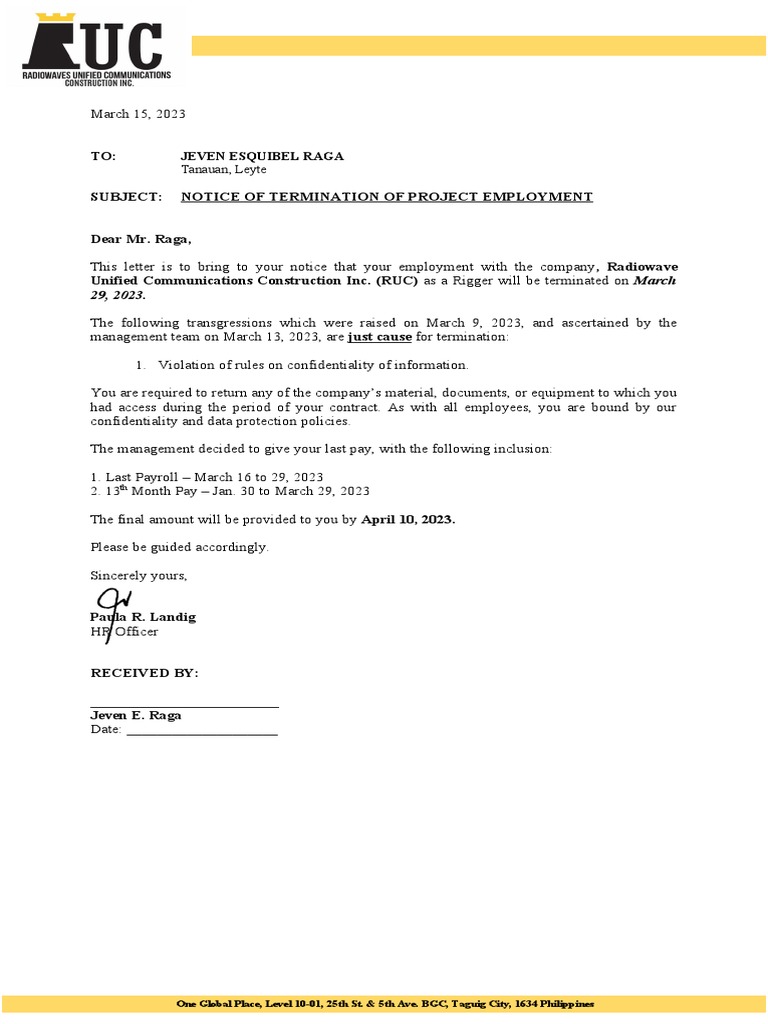 Termination Notice for Jeven Raga | PDF | Business | Computers