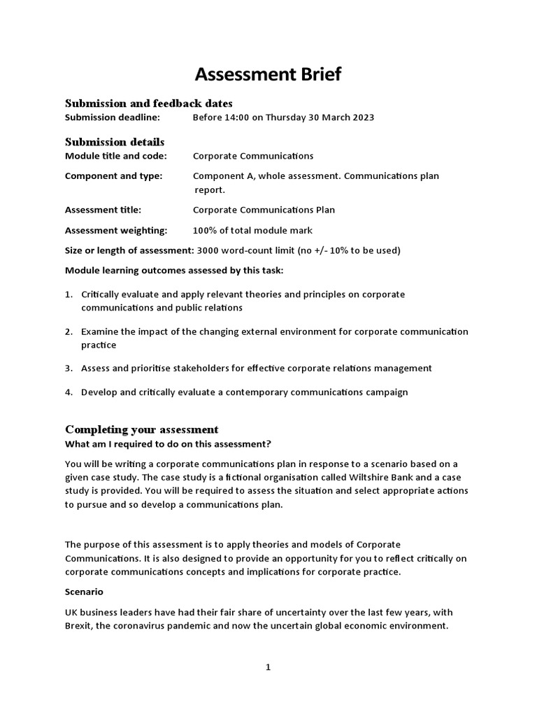 Corporate Communications Assessment Brief | PDF | Communication ...