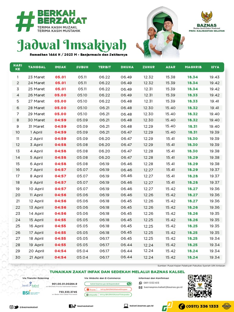 Jadwal Imsak BAZNAS Kalsel 2023 A4 | PDF Jadwal Imsak BAZNAS Kalsel 2023 A4 | PDF