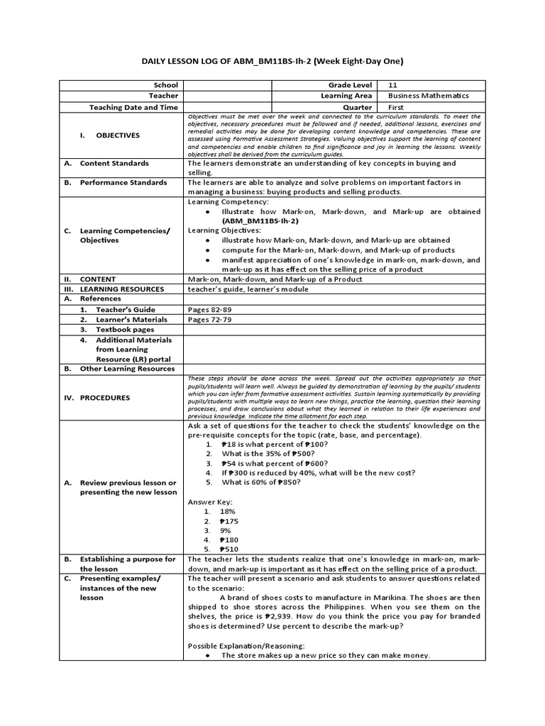 DAILY LESSON LOG OF ABM - BM11BS-Ih-2 (Week Eight-Day One) | PDF ...