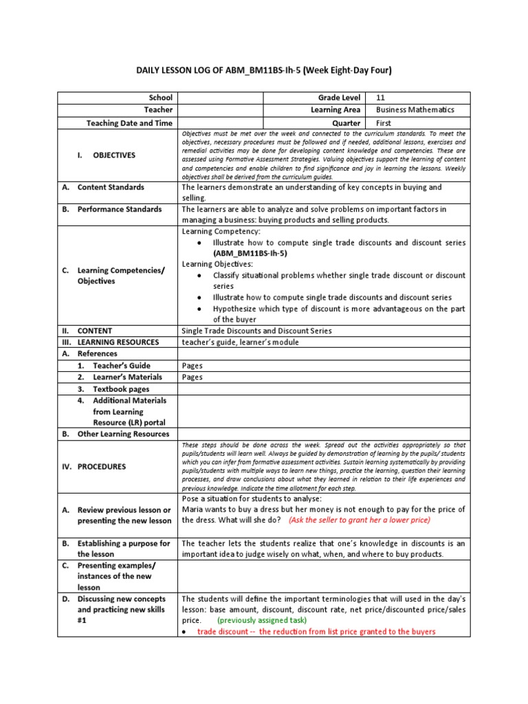 DAILY LESSON LOG OF ABM - BM11BS-Ih-5 (Week Eight-Day Four) | PDF | Learning | Teachers