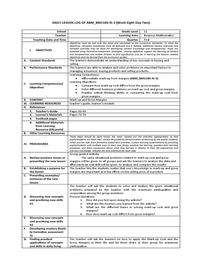 DAILY LESSON LOG OF ABM - BM11BS-Ih-3 (Week Eight-Day Two) | PDF ...