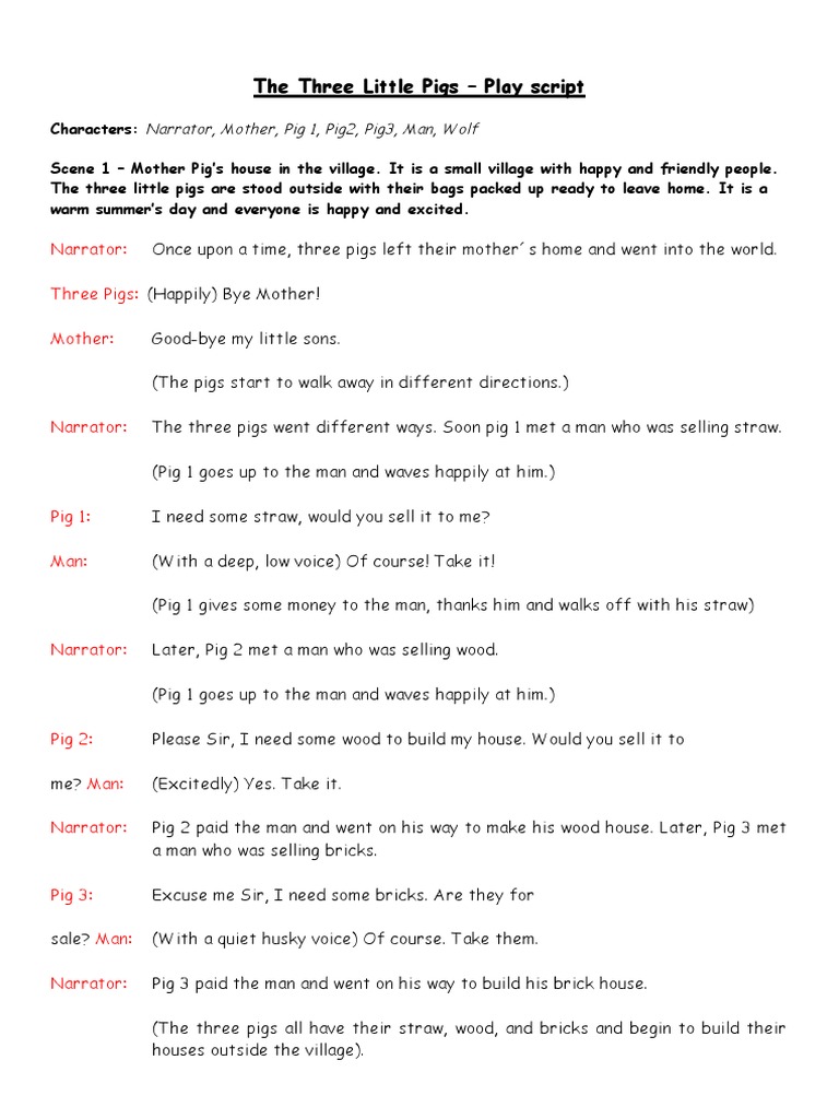 The Three Little Pigs - Play Script: Narrator, Mother, Pig 1, Pig2 ...