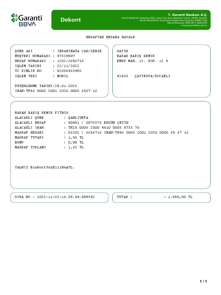Dekont: T. Garanti Bankası A.Ş | PDF
