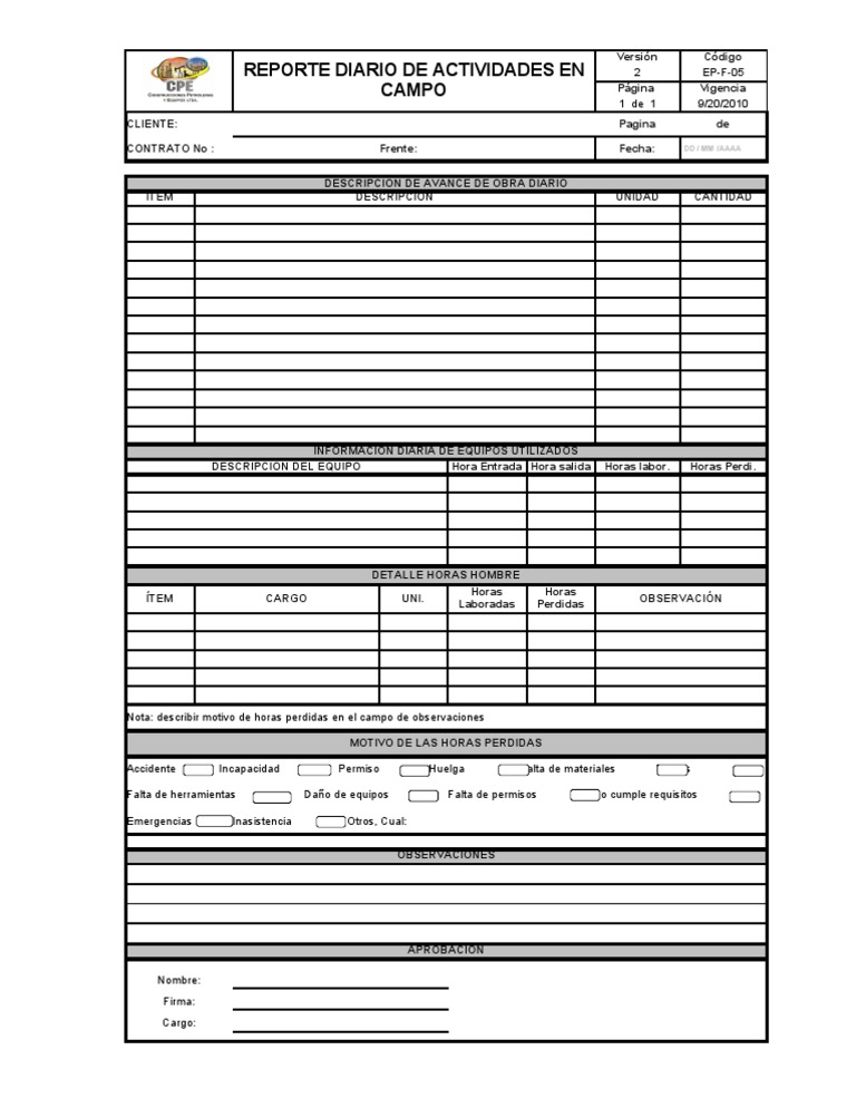 Formato Reporte Diario de Actividades en Campo EP-F-05